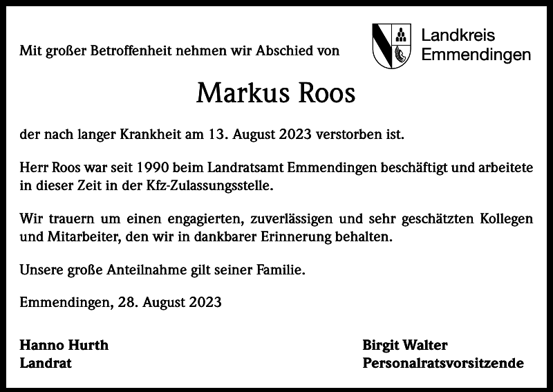 Markus Roos: Nachruf : Badische Zeitung
