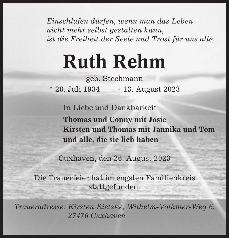 Ruth Rehm: Traueranzeige : Cuxhavener Nachrichten