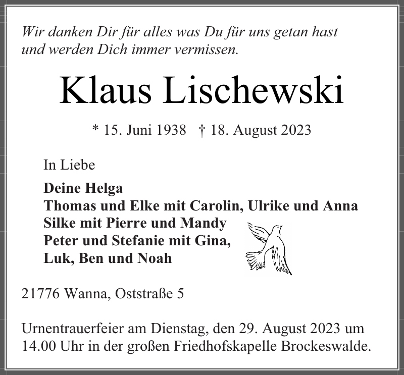 Klaus Lischewski: Traueranzeige : Cuxhavener Nachrichten
