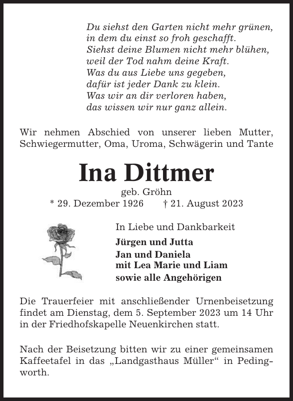 Ina Dittmann: Traueranzeige : Niederelbe-Zeitung