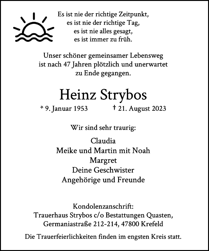 Heinz Strybos: Traueranzeige : Westdeutsche Zeitung