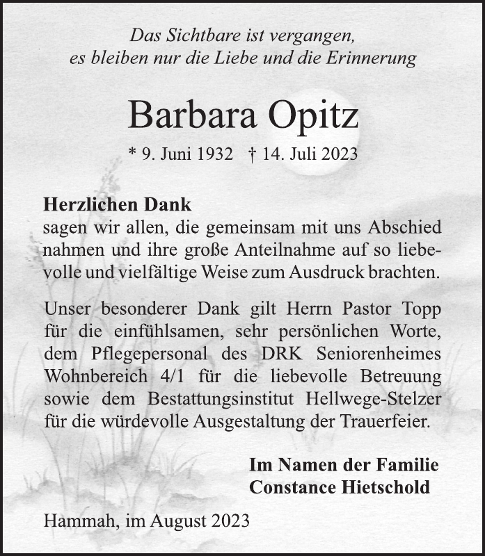 Barbara Opitz: Danksagung : Stader Tageblatt