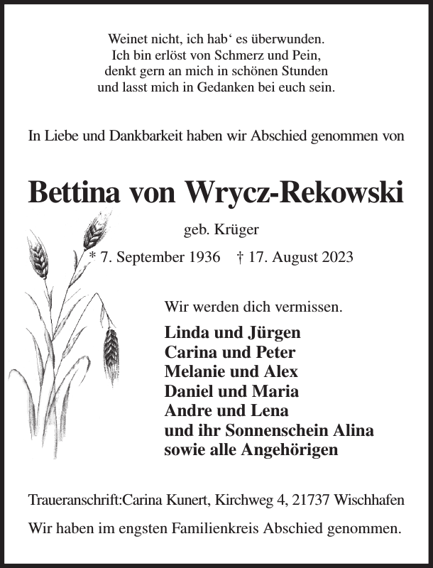 Bettina von Wrycz-Rekowski: Traueranzeige : Stader Tageblatt