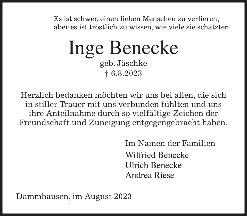 Inge Benecke: Danksagung : Stader Tageblatt