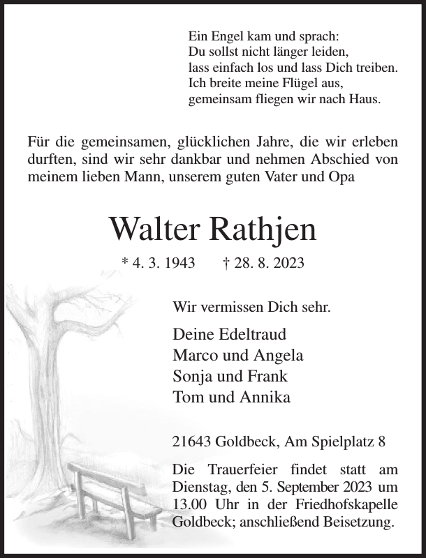 Walter Rathjen: Traueranzeige : Stader Tageblatt