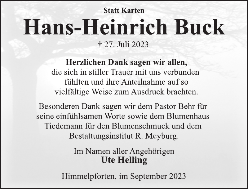Hans-Heinrich Buck: Danksagung : Stader Tageblatt