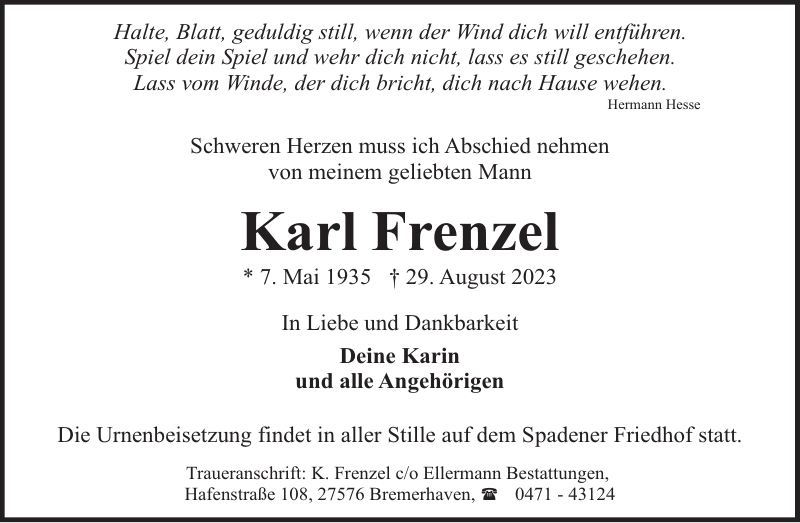 Karl Frenzel: Gedenken : Nordsee-Zeitung