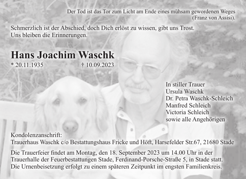 Hans Joachim Waschk: Traueranzeige : Stader Tageblatt