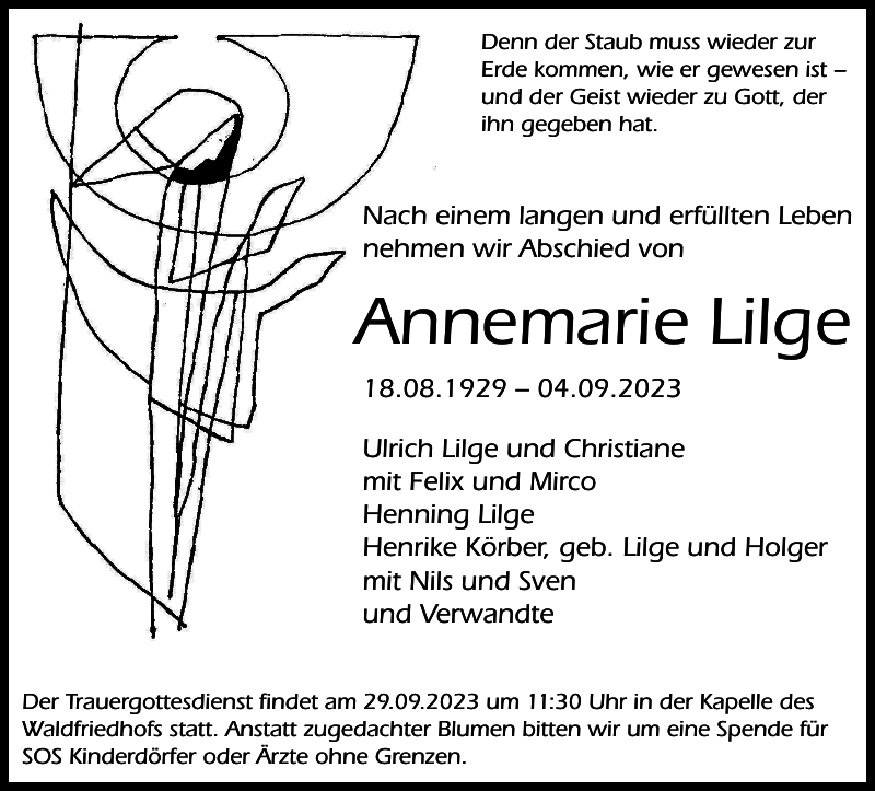 Annemarie Lilge: Traueranzeige : Remscheider General-Anzeiger