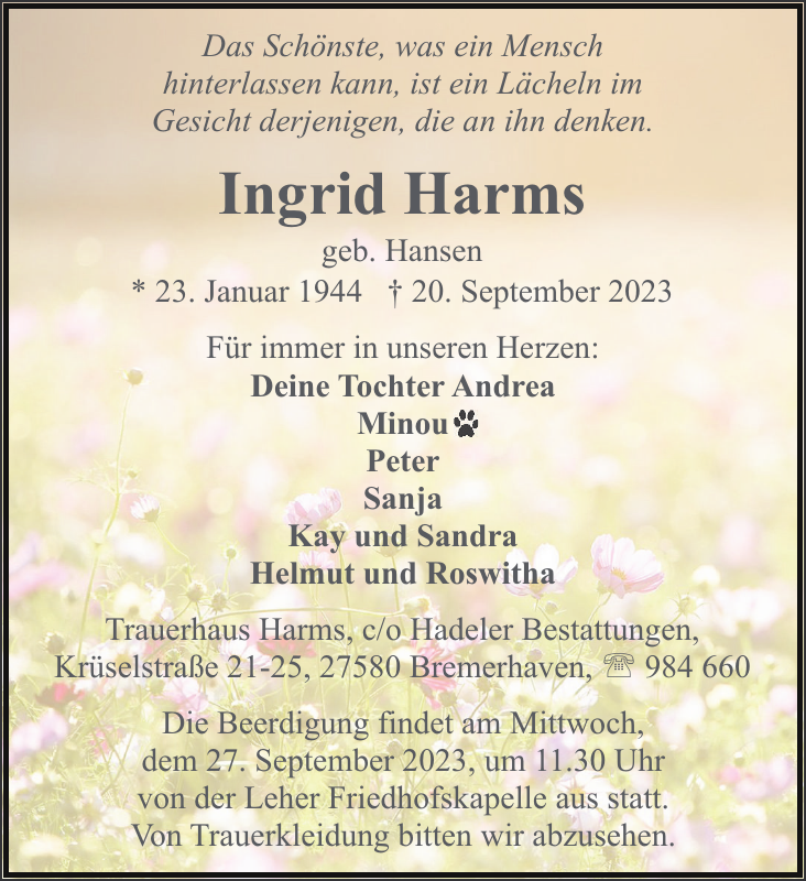 Ingrid Harms: Gedenken : Nordsee-Zeitung