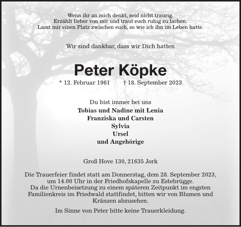 Peter Köpke: Traueranzeige : Stader Tageblatt