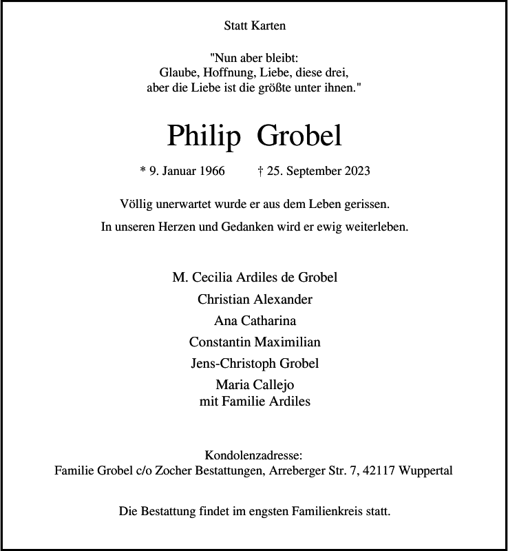 Philip Grobel: Traueranzeige : Westdeutsche Zeitung