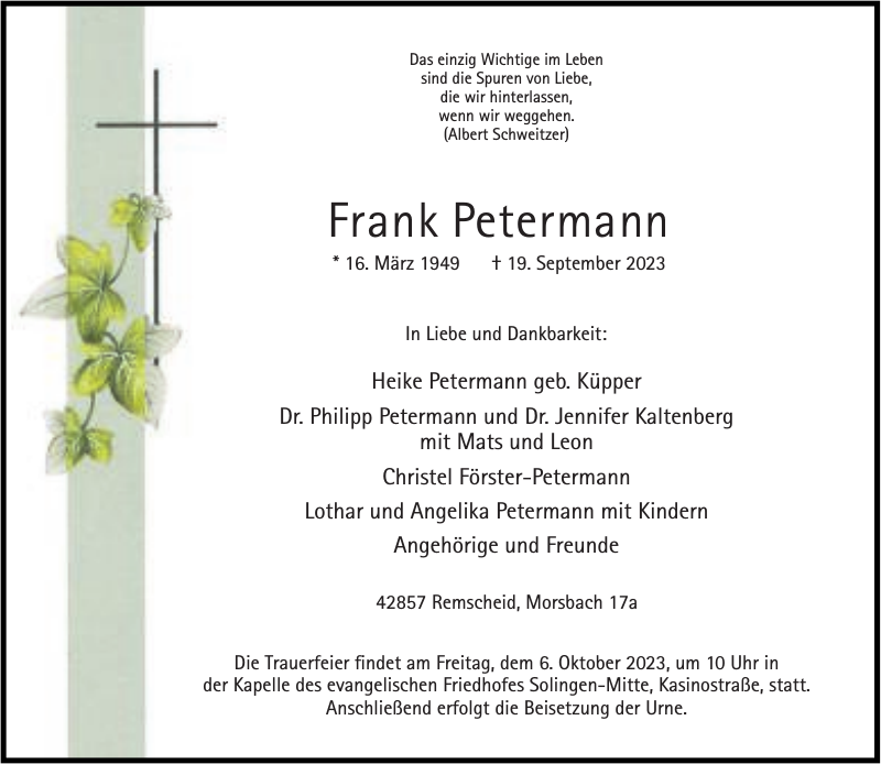 Frank Petermann: Traueranzeige : Remscheider General-Anzeiger