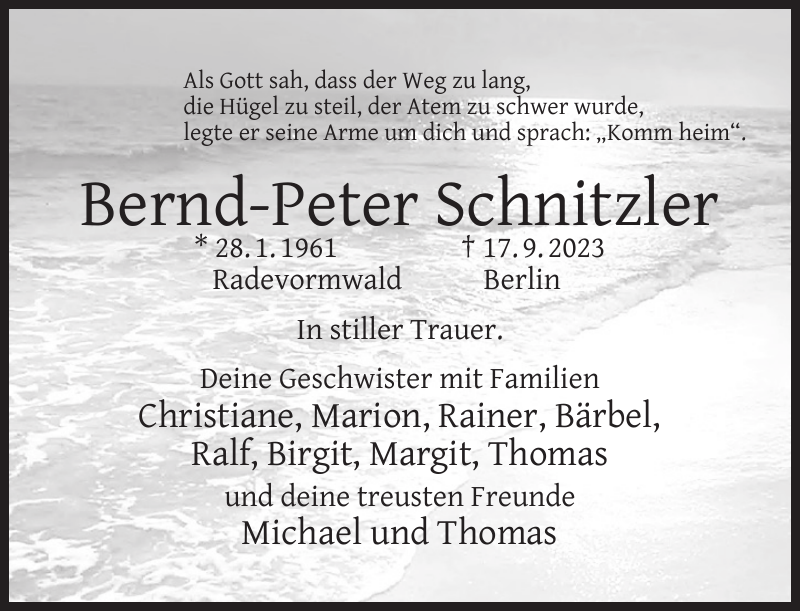 Bernd-Peter Schnitzler: Traueranzeige : Remscheider General-Anzeiger
