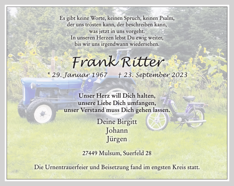 Frank Ritter: Traueranzeige : Stader Tageblatt