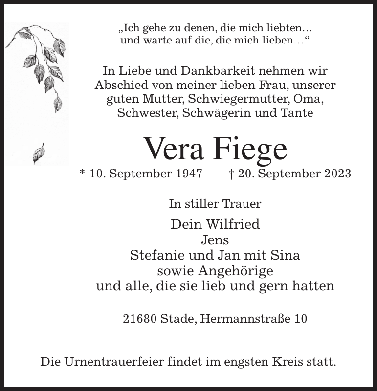 Vera Fiege: Traueranzeige : Stader Tageblatt
