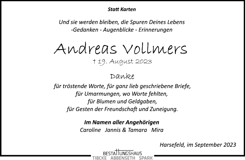 Andreas Vollmers: Danksagung : Stader Tageblatt