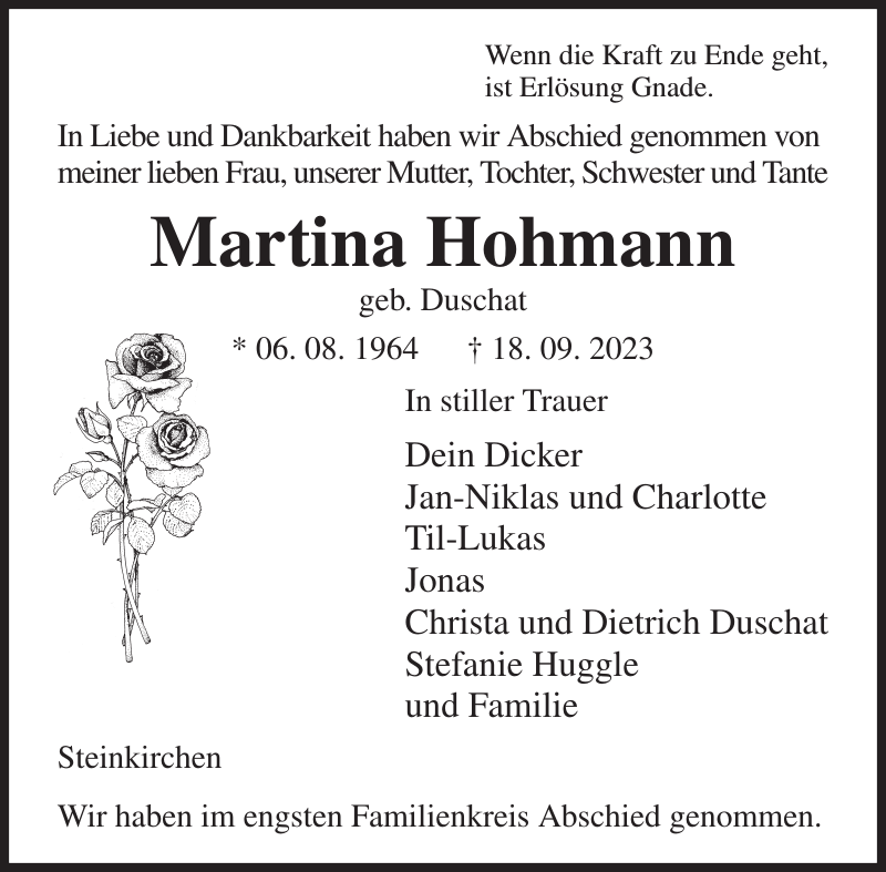 Martina Hohmann: Traueranzeige : Stader Tageblatt