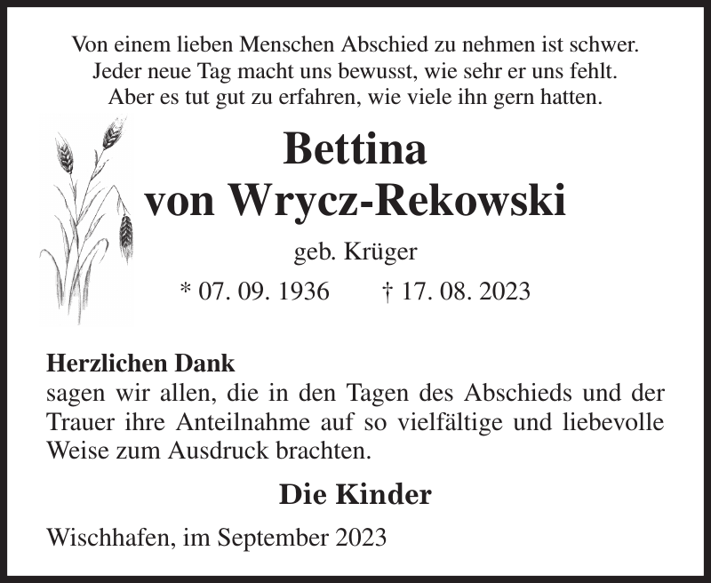 Bettinavon Wrycz-Rekowski: Danksagung : Stader Tageblatt