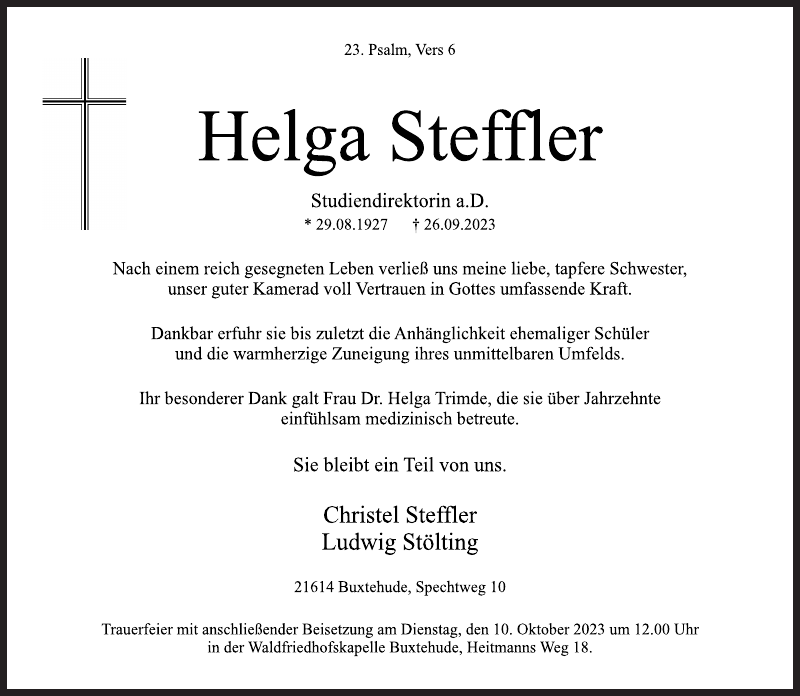 Helga Steffler: Traueranzeige : Stader Tageblatt