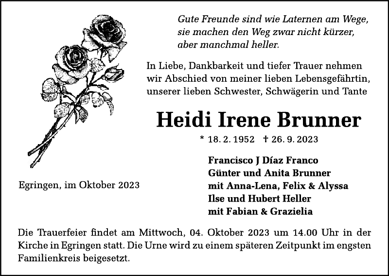 Heidi Brunner: Traueranzeige : Badische Zeitung