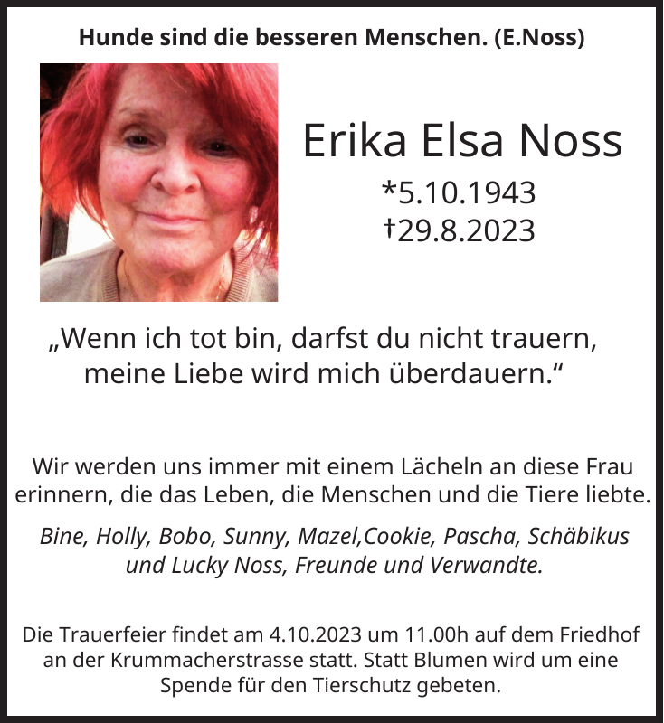 Erika Elsa Noss: Traueranzeige : Westdeutsche Zeitung