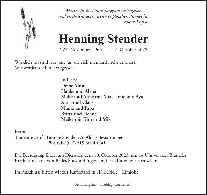 Henning Stender: Gedenken : Nordsee-Zeitung