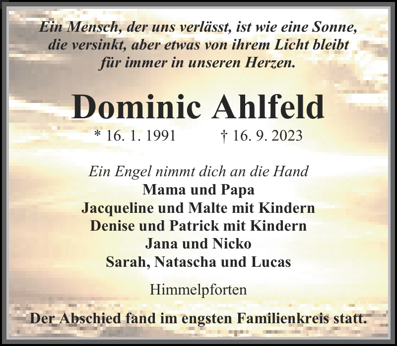 Dominic Ahlfeld: Traueranzeige : Stader Tageblatt