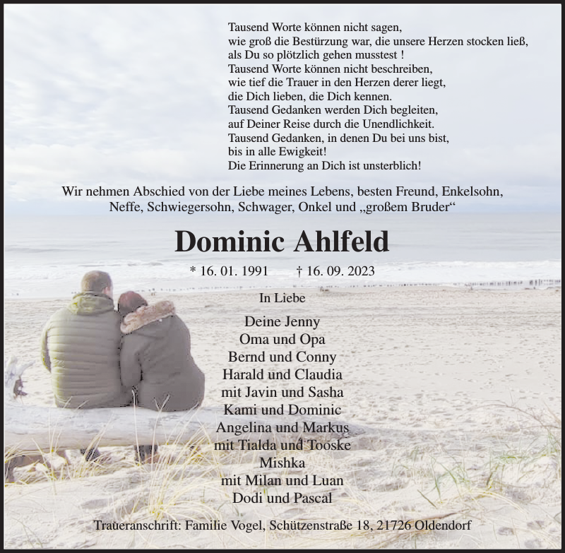 Dominic Ahlfeld: Traueranzeige : Stader Tageblatt