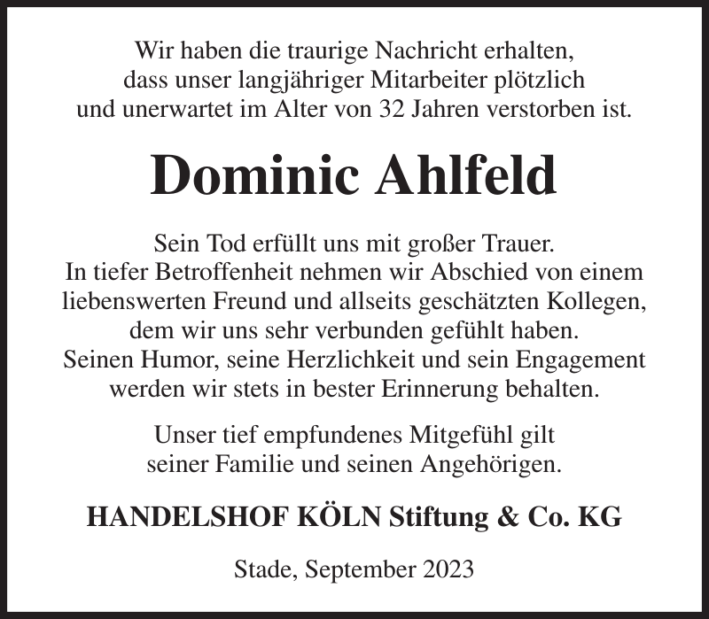 Dominic Ahlfeld: Nachruf : Stader Tageblatt