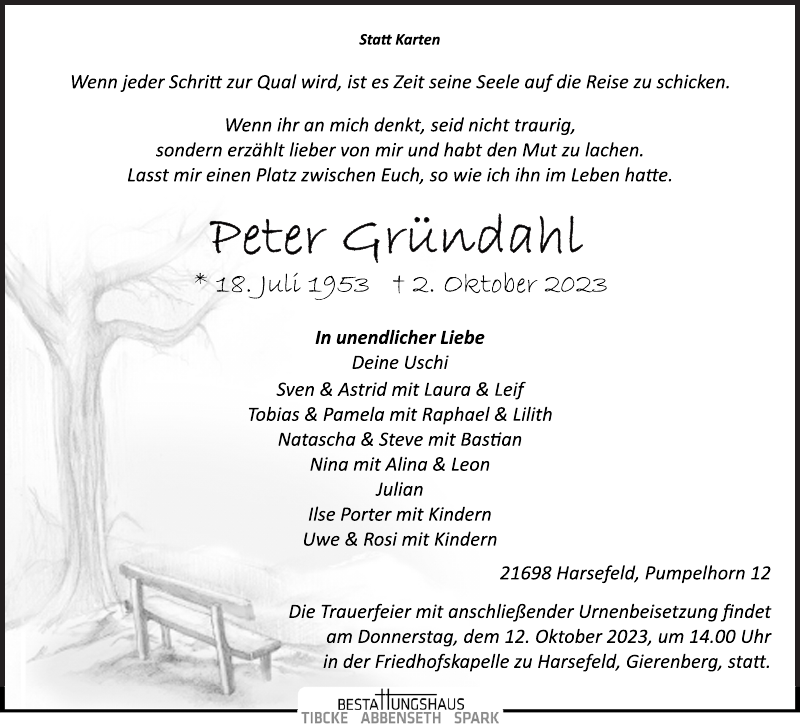 Peter Gründahl: Traueranzeige : Stader Tageblatt
