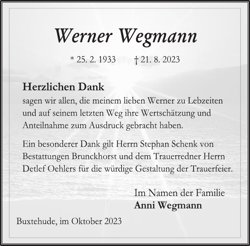 Werner Wegmann: Danksagung : Stader Tageblatt