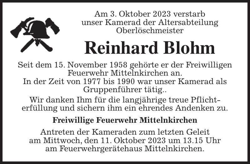 Reinhard Blohm: Nachruf : Stader Tageblatt