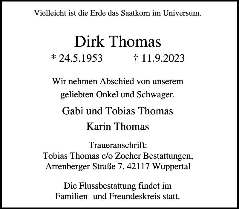 Dirk Thomas: Traueranzeige : Westdeutsche Zeitung