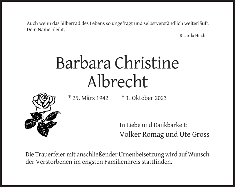 Barbara Albrecht: Traueranzeige : Remscheider General-Anzeiger