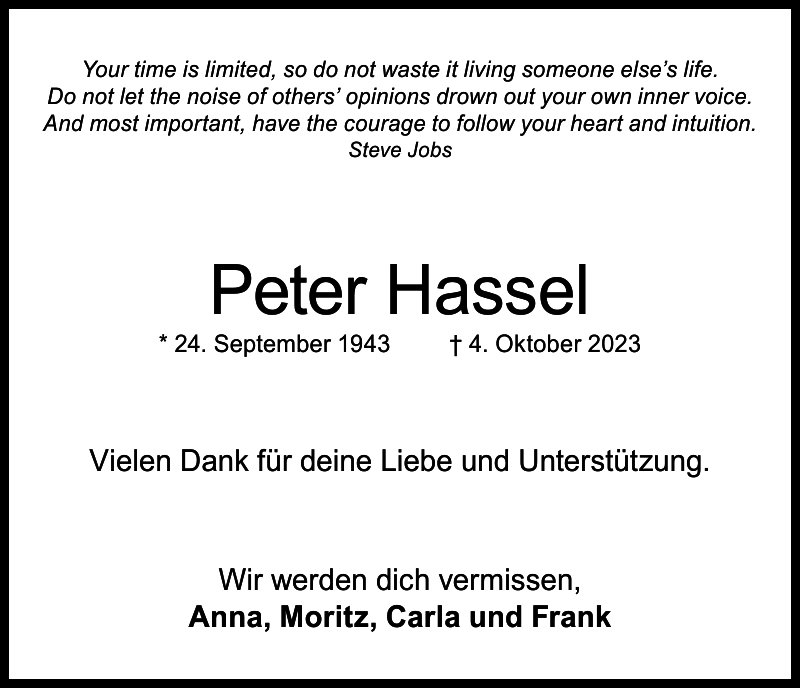 Peter Hassel: Traueranzeige : Badische Zeitung