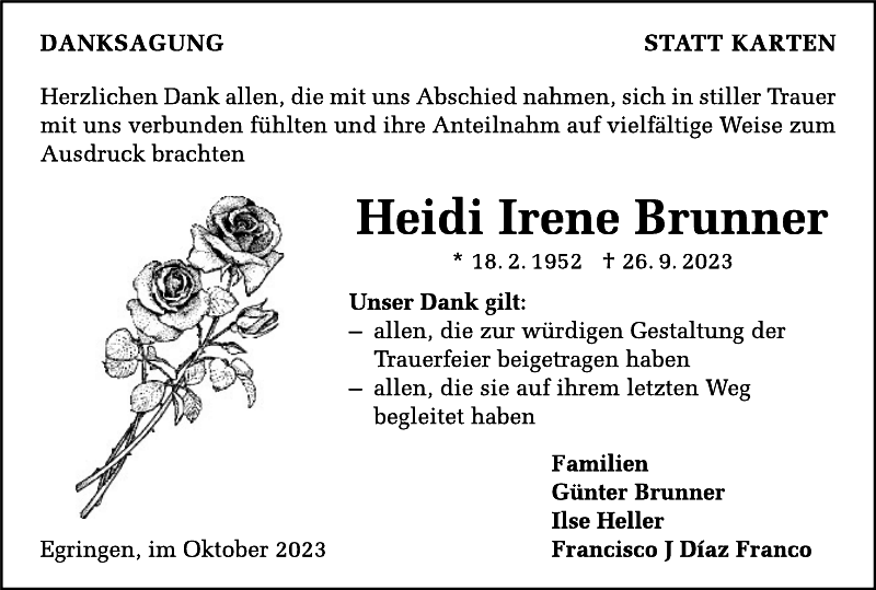 Heidi Brunner: Traueranzeige : Badische Zeitung