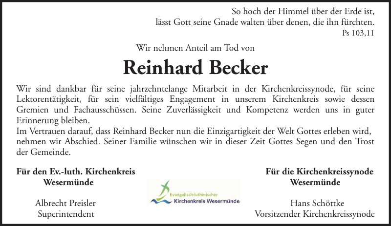 Reinhard Becker: Nachruf : Nordsee-Zeitung