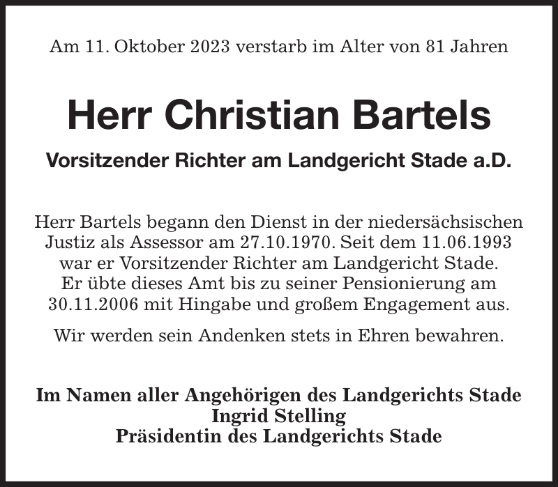 Christian Bartels: Nachruf : Stader Tageblatt