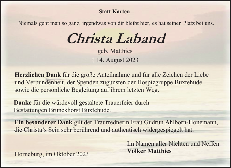 Christa Laband: Danksagung : Stader Tageblatt