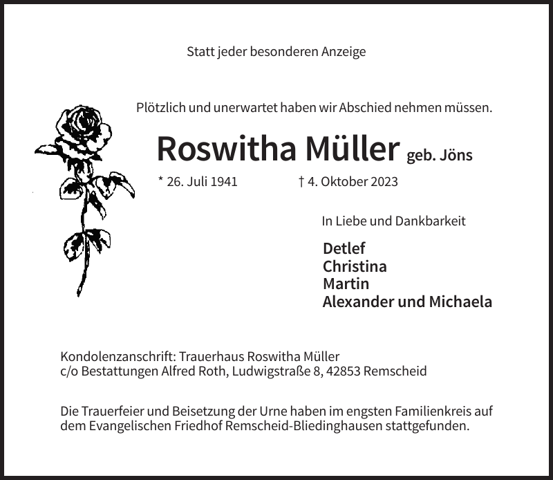 Roswitha Müller: Traueranzeige : Remscheider General-Anzeiger