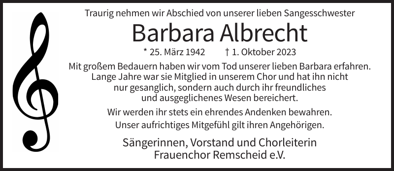 Barbara Albrecht: Traueranzeige : Remscheider General-Anzeiger