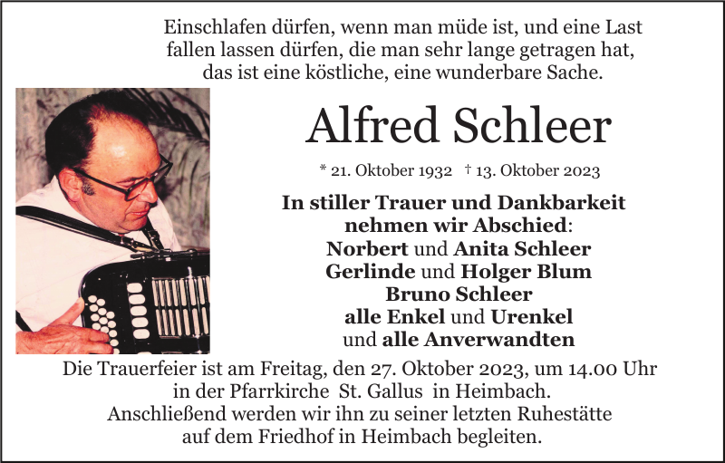 Alfred Schleer: Traueranzeige : Badische Zeitung
