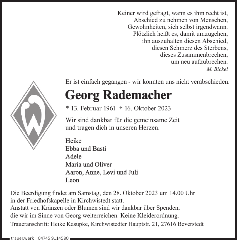 Georg Rademacher: Traueranzeige : Bremervörder Zeitung