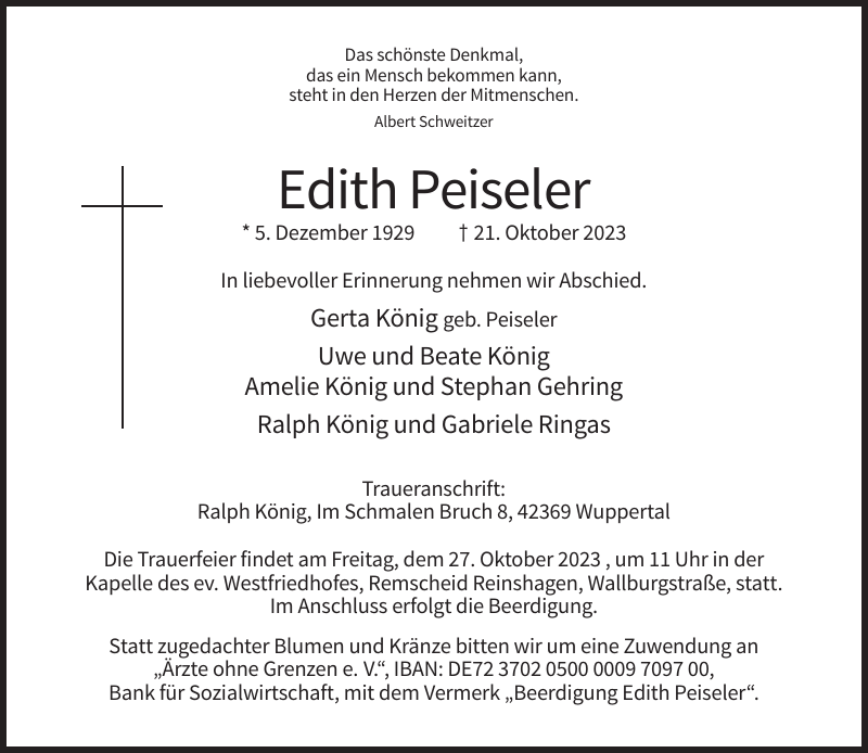 Edith Peiseler: Traueranzeige : Remscheider General-Anzeiger