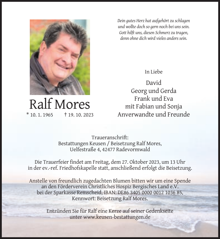 Ralf Mores: Traueranzeige : Remscheider General-Anzeiger
