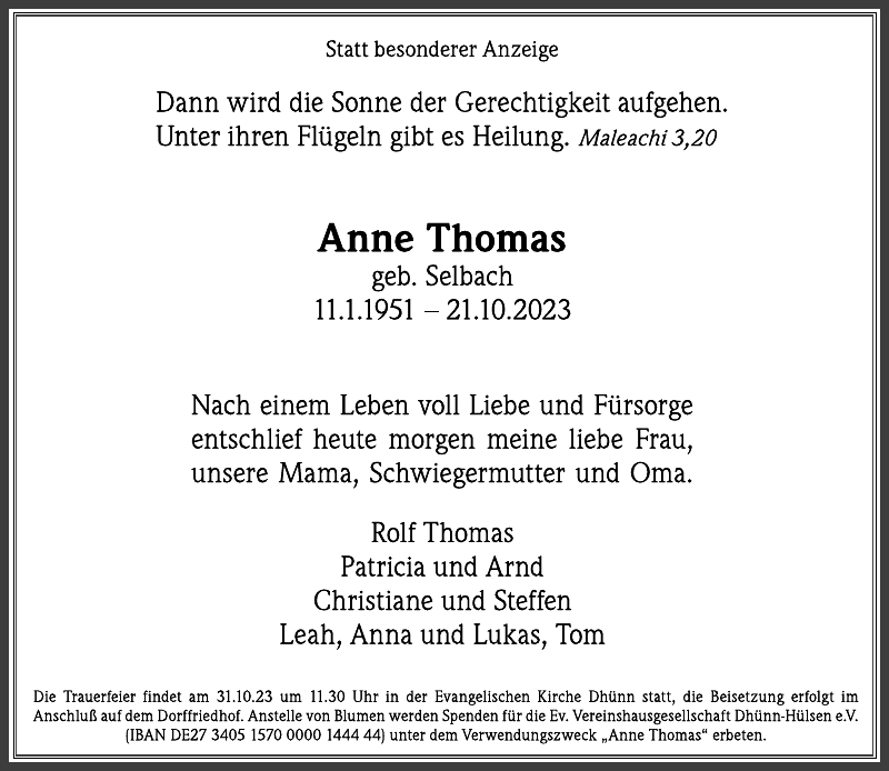 Anne Thomas: Traueranzeige : Remscheider General-Anzeiger