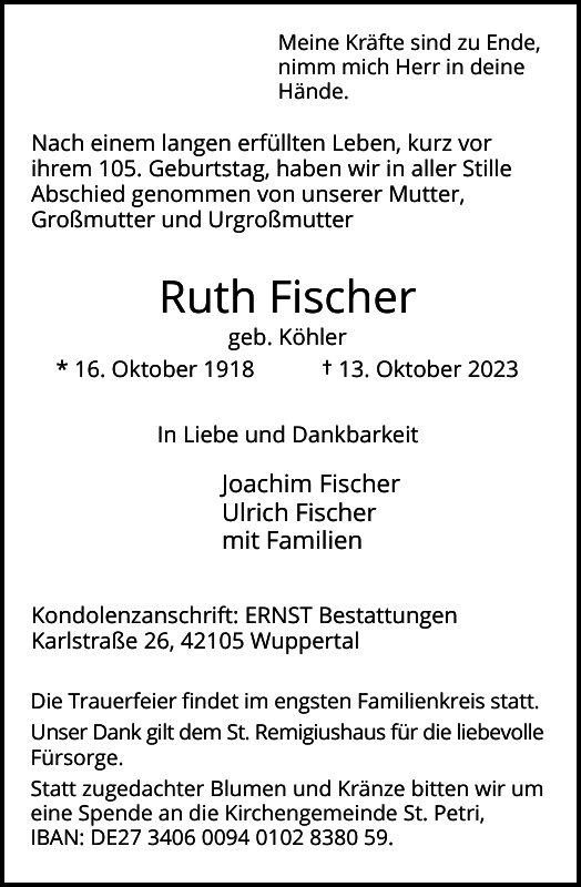 Ruth Fischer: Traueranzeige : Westdeutsche Zeitung