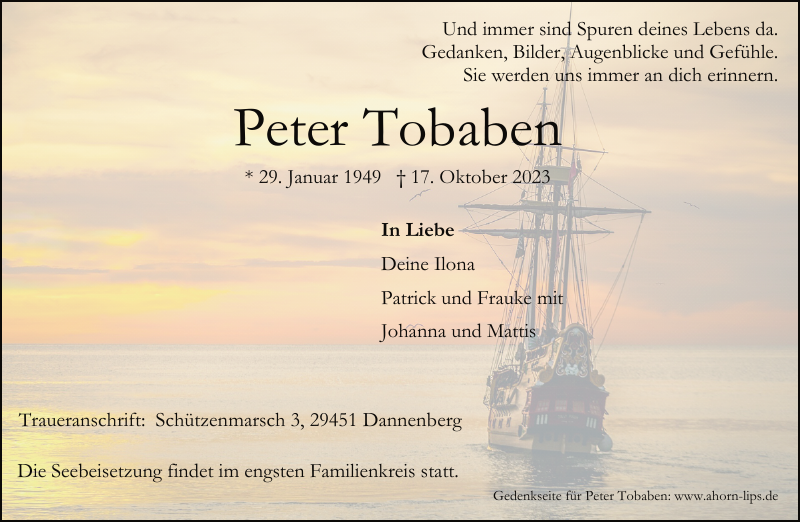 Peter Tobaben: Traueranzeige : Stader Tageblatt