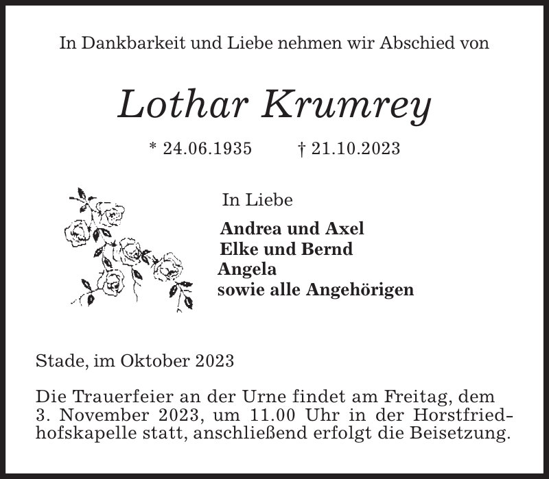 Lothar Krumrey: Traueranzeige : Stader Tageblatt